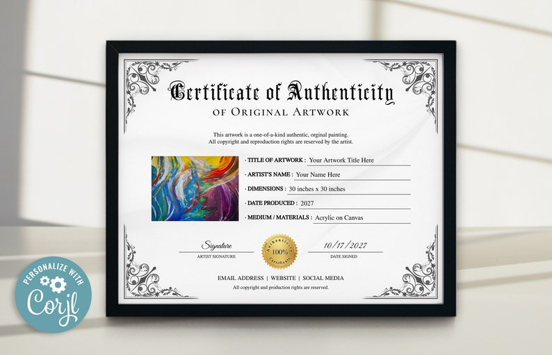 Certificate of Authenticity for Artwork Editable Certificate - Etsy