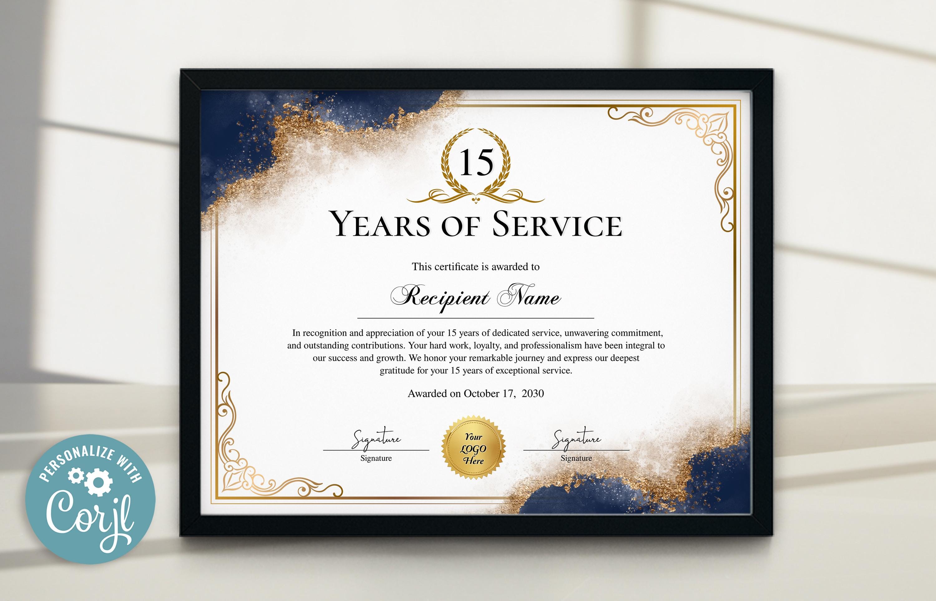 15 Years of Service Anniversary Award, Employee Recognition Editable ...