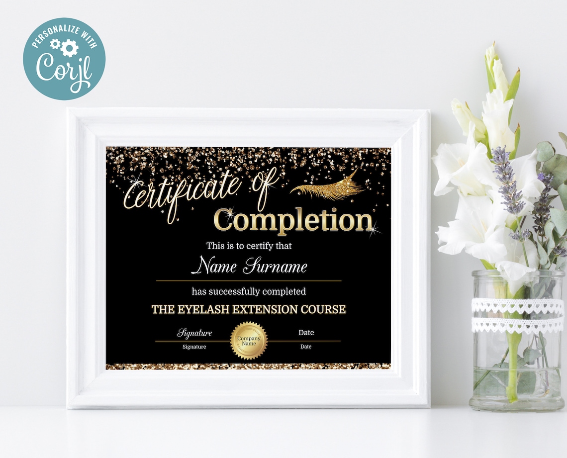 Lashes Certificate Template, Certificate of Completion, Gold and Black ...