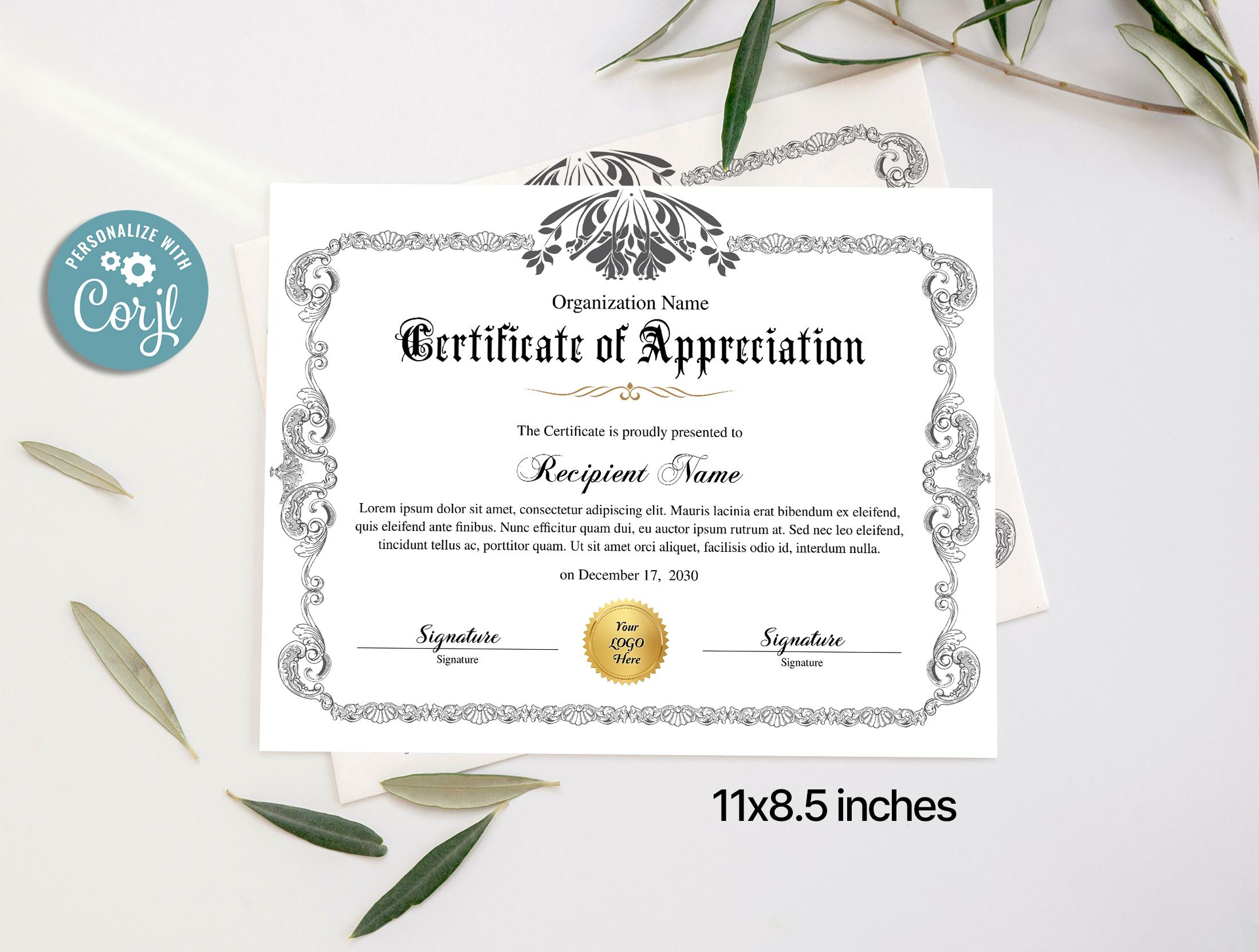 Editable Appreciation Certificate Template, 11x8.5 Certificate of ...