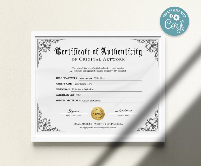 Printable Certificate of Authenticity Template Editable - Etsy