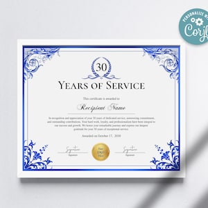 30 Years of Service Anniversary Award, Employee Recognition Editable ...