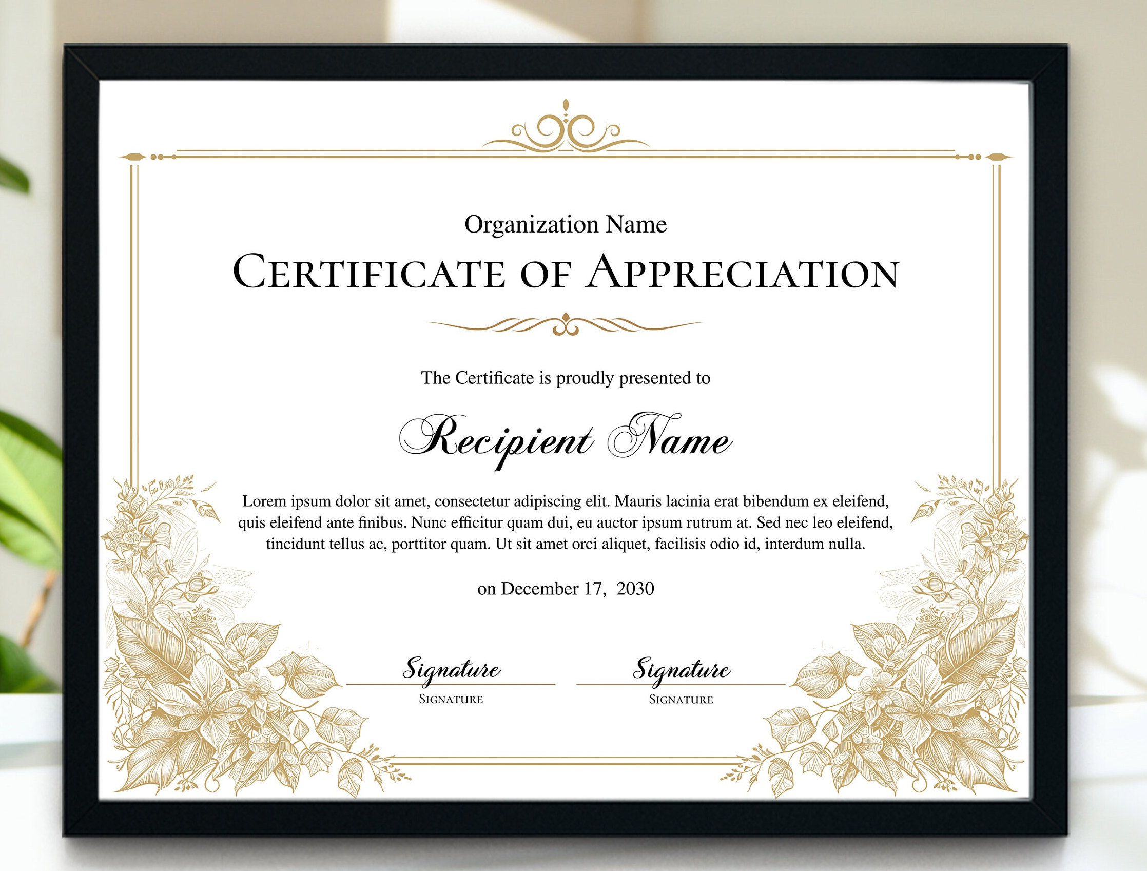 Elegant Flower Gold Certificate of Appreciation Template, Editable 11x8 ...