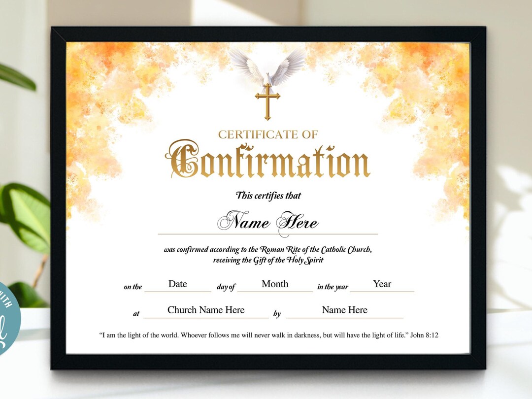 Certificate of Confirmation, 11x8.5 Fire Confirmation Certificate Template, Church Certificate ...
