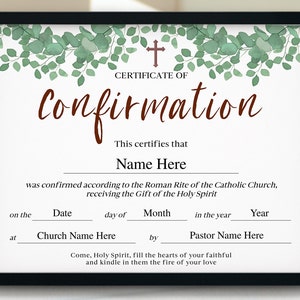Confirmation Certificate, 11x8.5 Catholic Confirmation Certificate ...