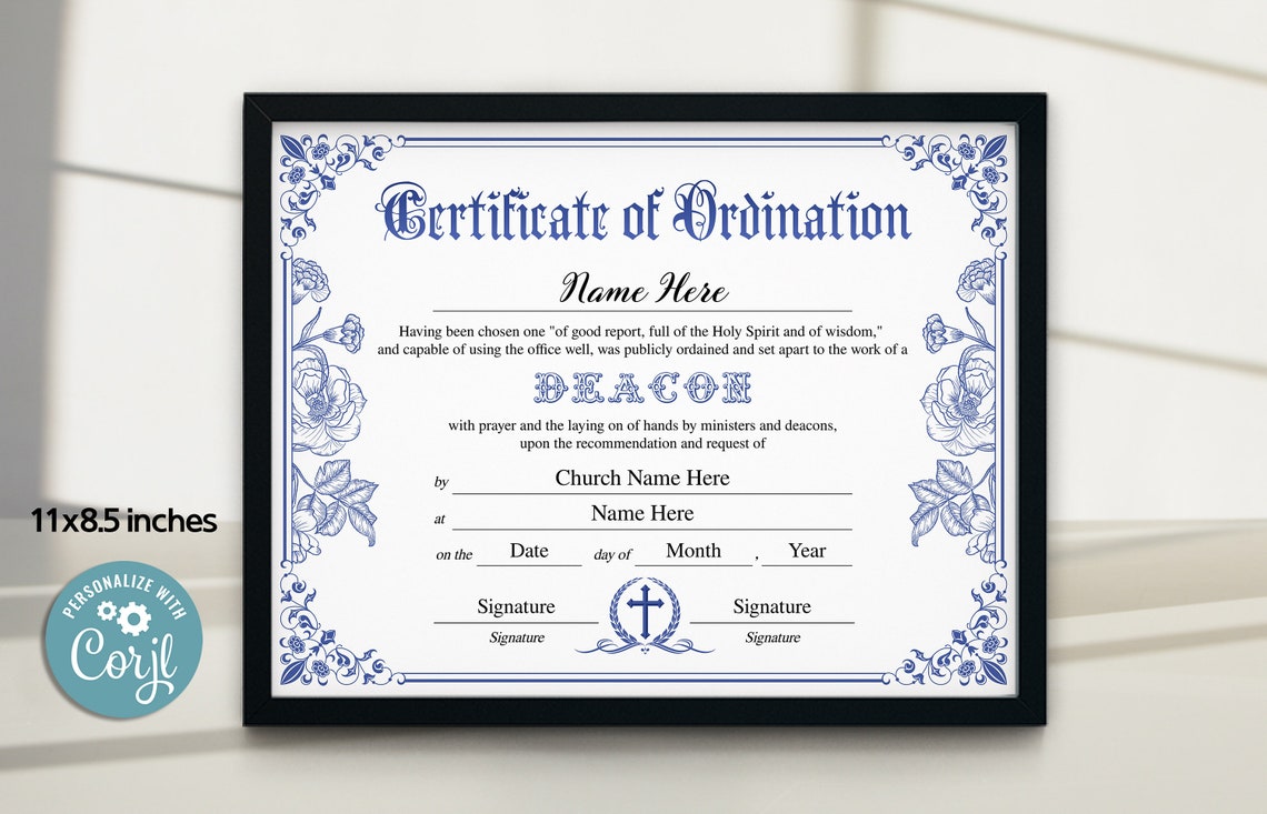 Deacon Ordination Certificate Template, 11x8.5 Printable Certificate of ...