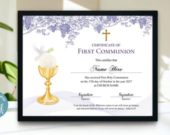First Communion Certificate Template, 11x8.5 Printable First Communion ...