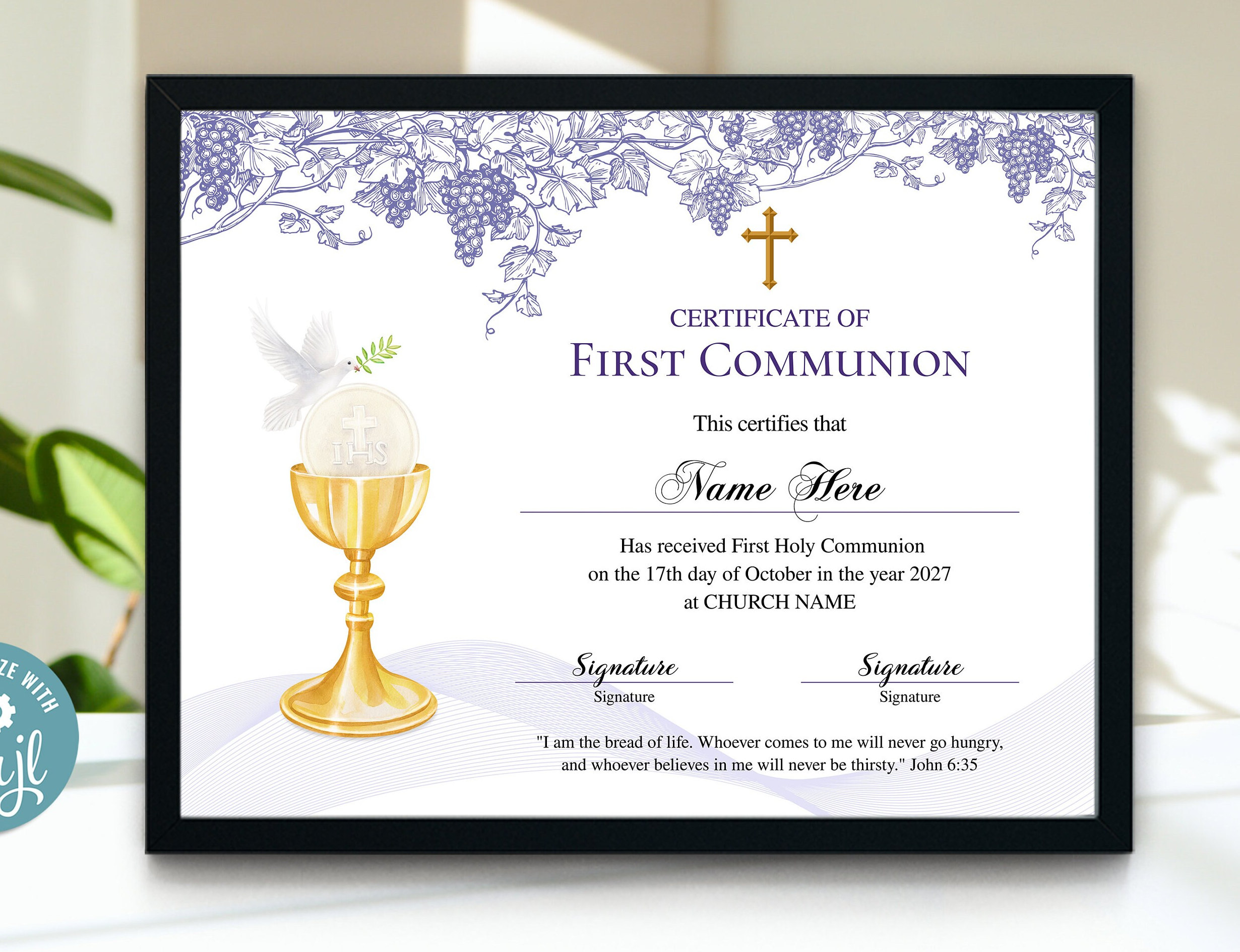 First Communion Certificate, 11x8.5 Printable First Communion ...