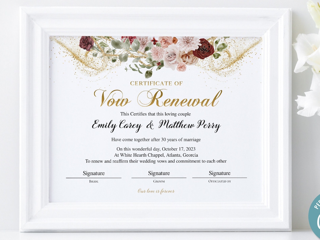 Printable Vow Renewal Certificate, Editable Wedding Certificate ...