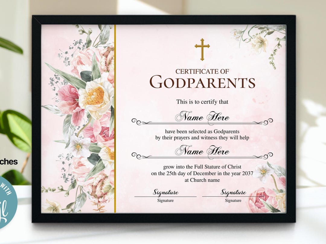 Pink Flower Godparents Certificate, Printable Editable Godparents ...