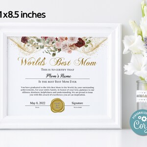 Editable Best Mom Certificate Template, Customizable Gift for Mom ...