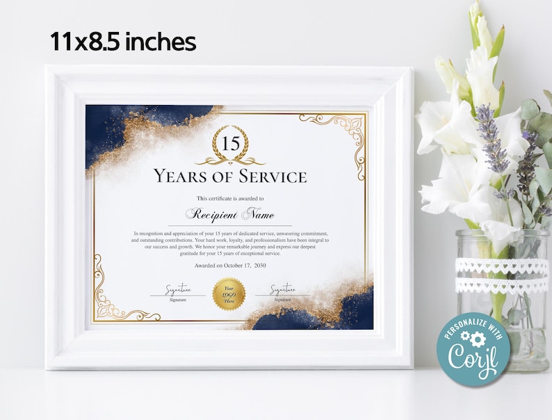15 Years of Service Anniversary Award, Employee Recognition Editable ...