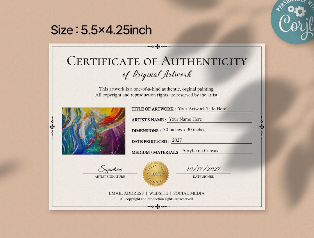 Certificate of Authenticity, Certificate of Authenticity for Artwork, 5 ...