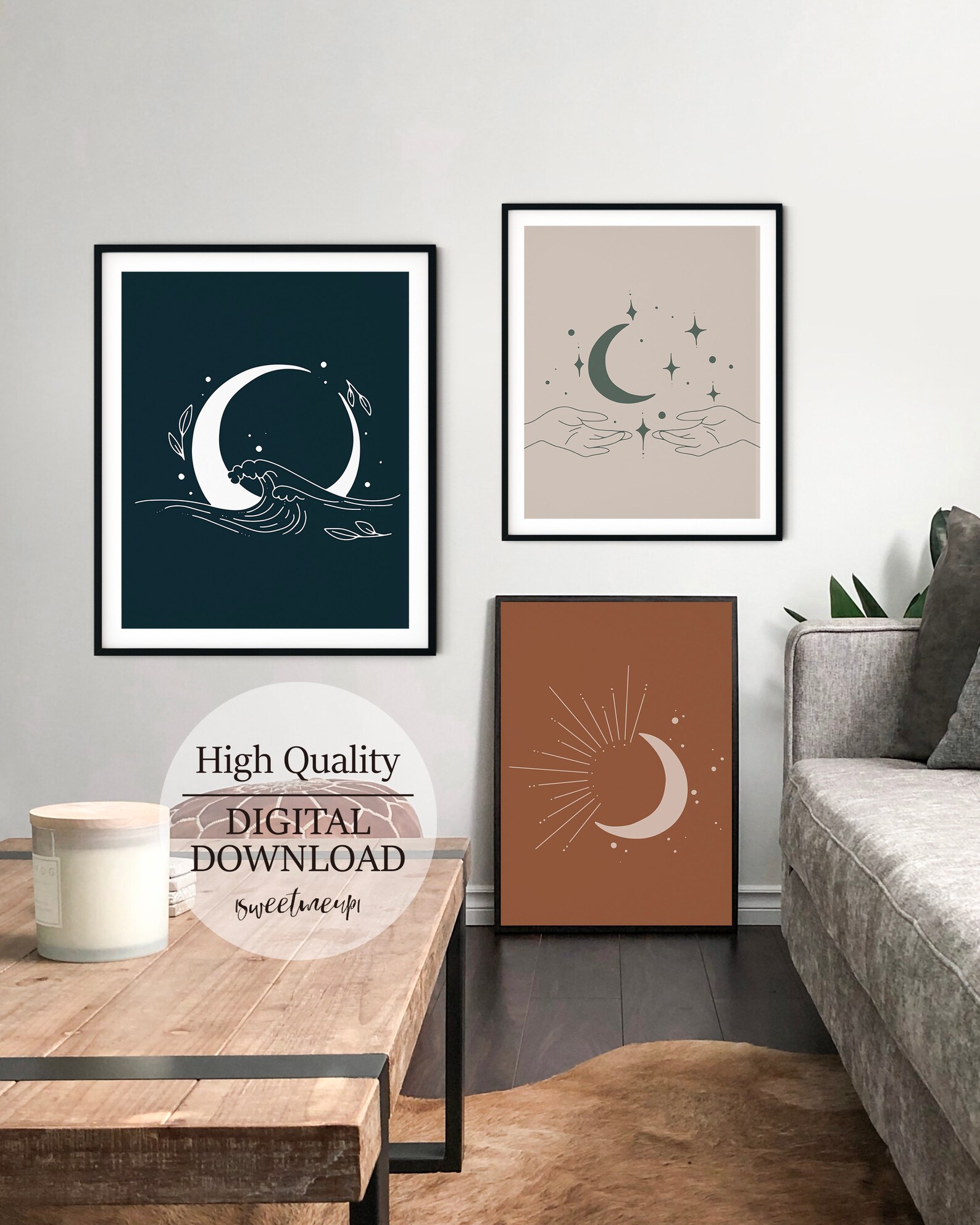 Boho Crescent Moon Art Print Printable Moon Wall Art Set of - Etsy