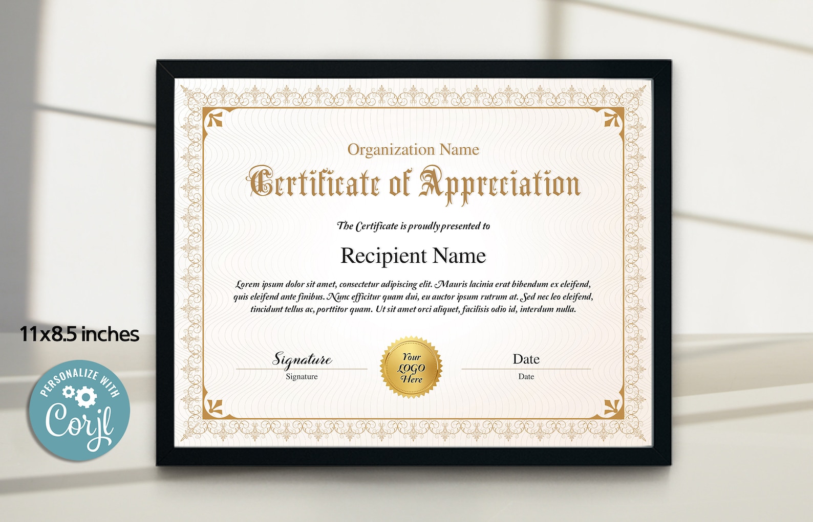 11x8.5 Certificate of Appreciation, Printable Elegant Gold Appreciation ...