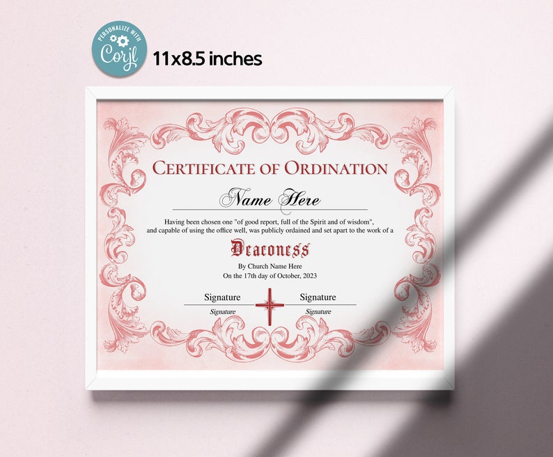Deaconess Ordination Certificate Template, 11x8.5 Ordained Minister ...