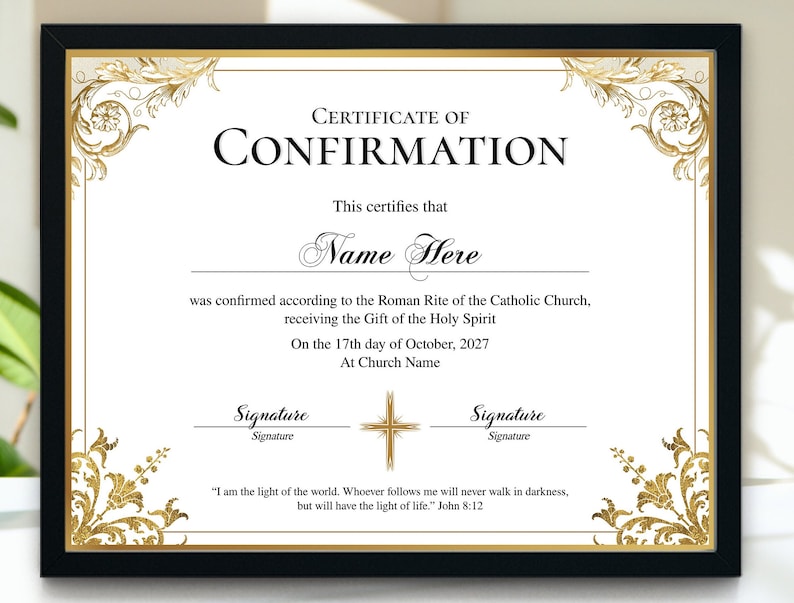 Elegant Confirmation Certificate Template, Church Certificate, 11x8.5 Printable Editable ...