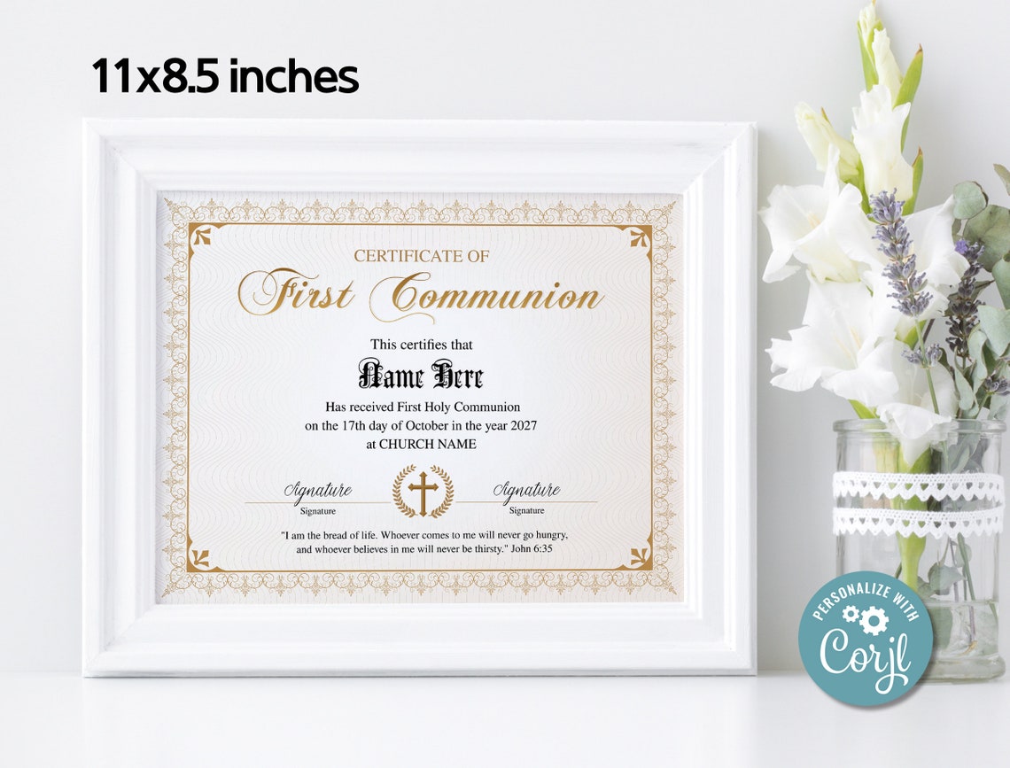 First Communion Certificate Template 11x8.5 Printable First - Etsy
