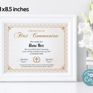 First Communion Certificate Template, 11x8.5 Printable First Communion ...