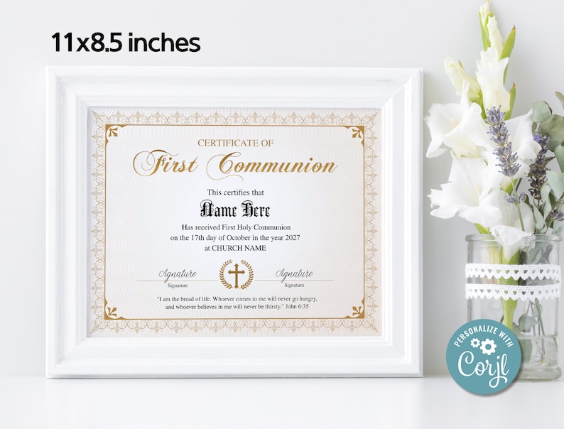 First Communion Certificate Template, 11x8.5 Printable First Communion ...