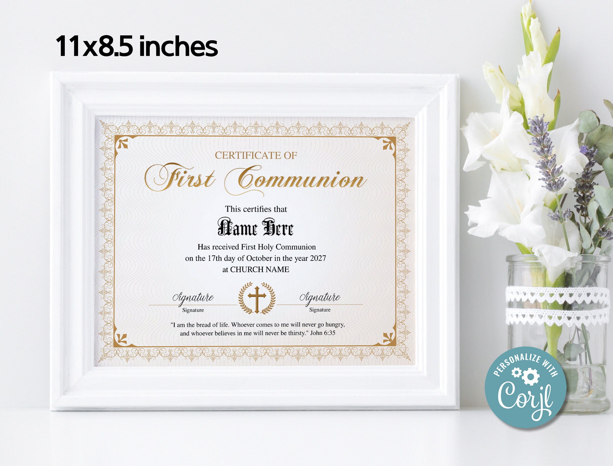 First Communion Certificate Template, 11x8.5 Printable First Communion ...