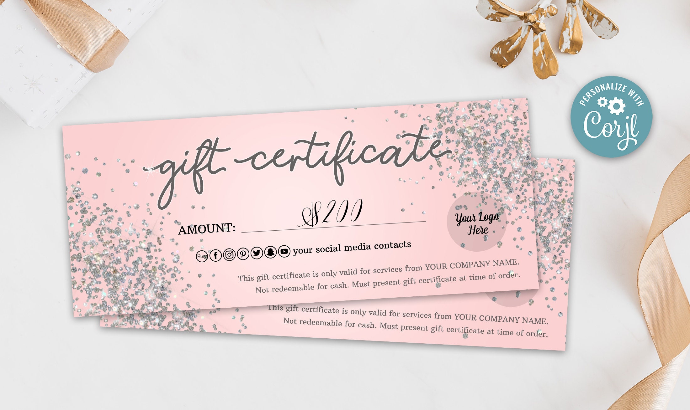 Silver Glitter Gift Certificate Template, Holiday Printable Gift ...