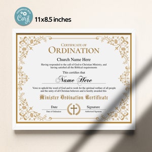 Certificate of Ordination Minister, Printable Editable Ordained ...