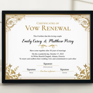 Vow Renewal Certificate, Elegant Certificate of Vow Renewal, Wedding ...