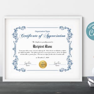 11x8.5 Appreciation Certificate Template, Blue Certificate of ...