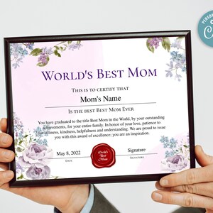 Best Mom Mother's Day Award Certificate Template, Personalized Gift for ...