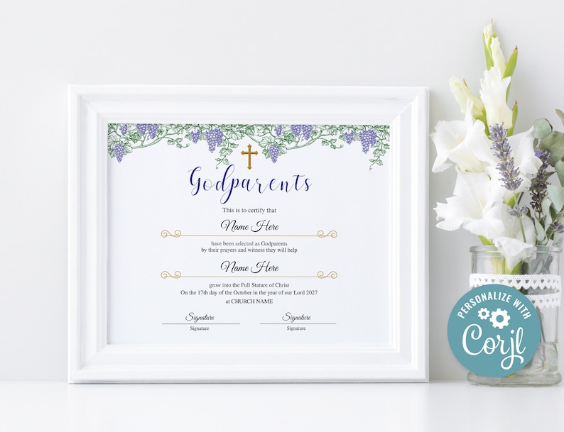 Green Godparents Certificate, Printable Editable Godparents Certificate ...