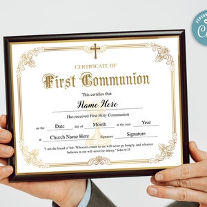 First Communion Certificate Template, 11x8.5 Printable First Communion ...