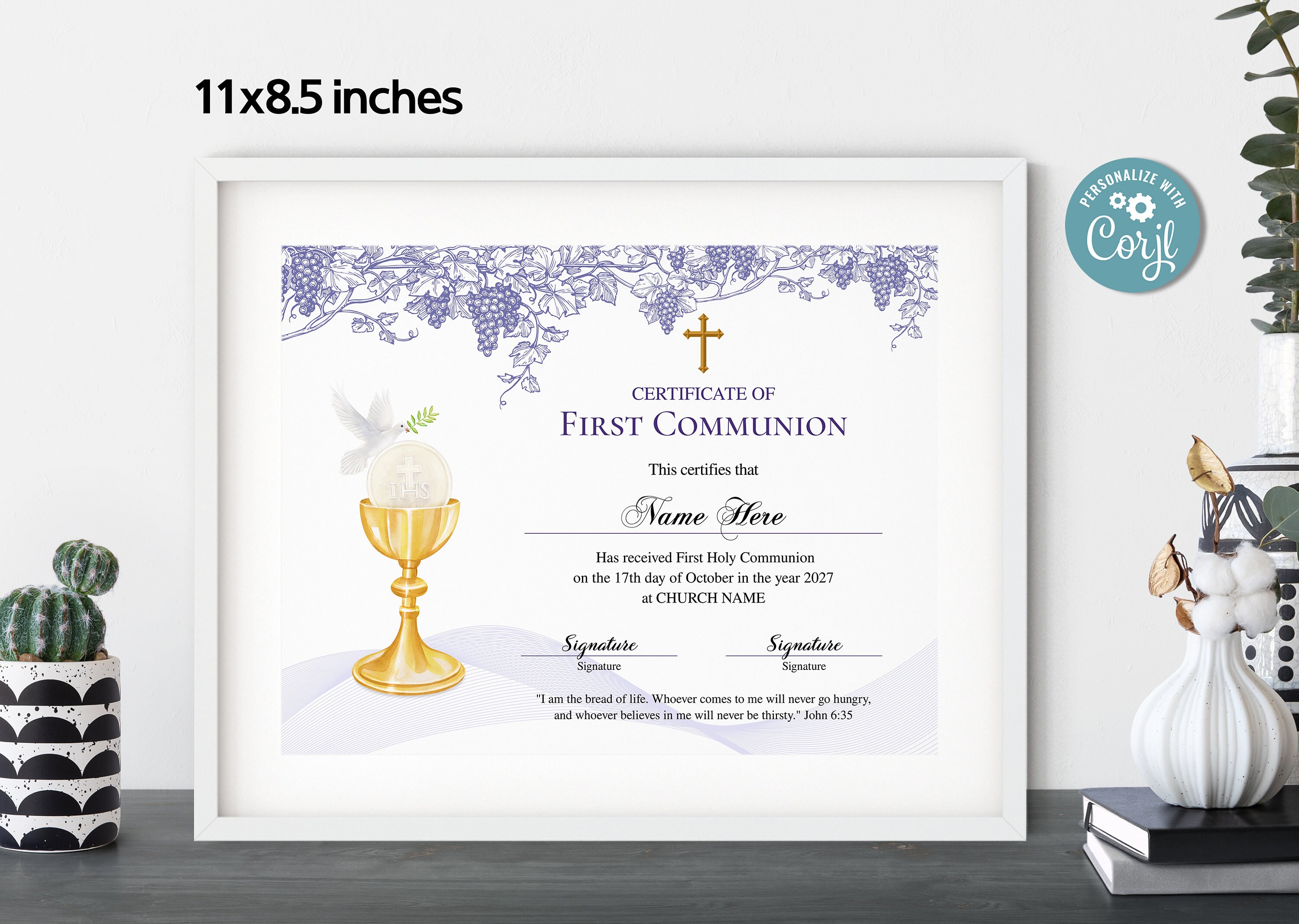 First Communion Certificate, 11x8.5 Printable First Communion ...