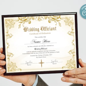 Wedding Officiant Certificate of Ordination, Personalized Ordination ...