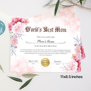 Printable Best Mom Certificate Template, Customizable Gift for Mom ...