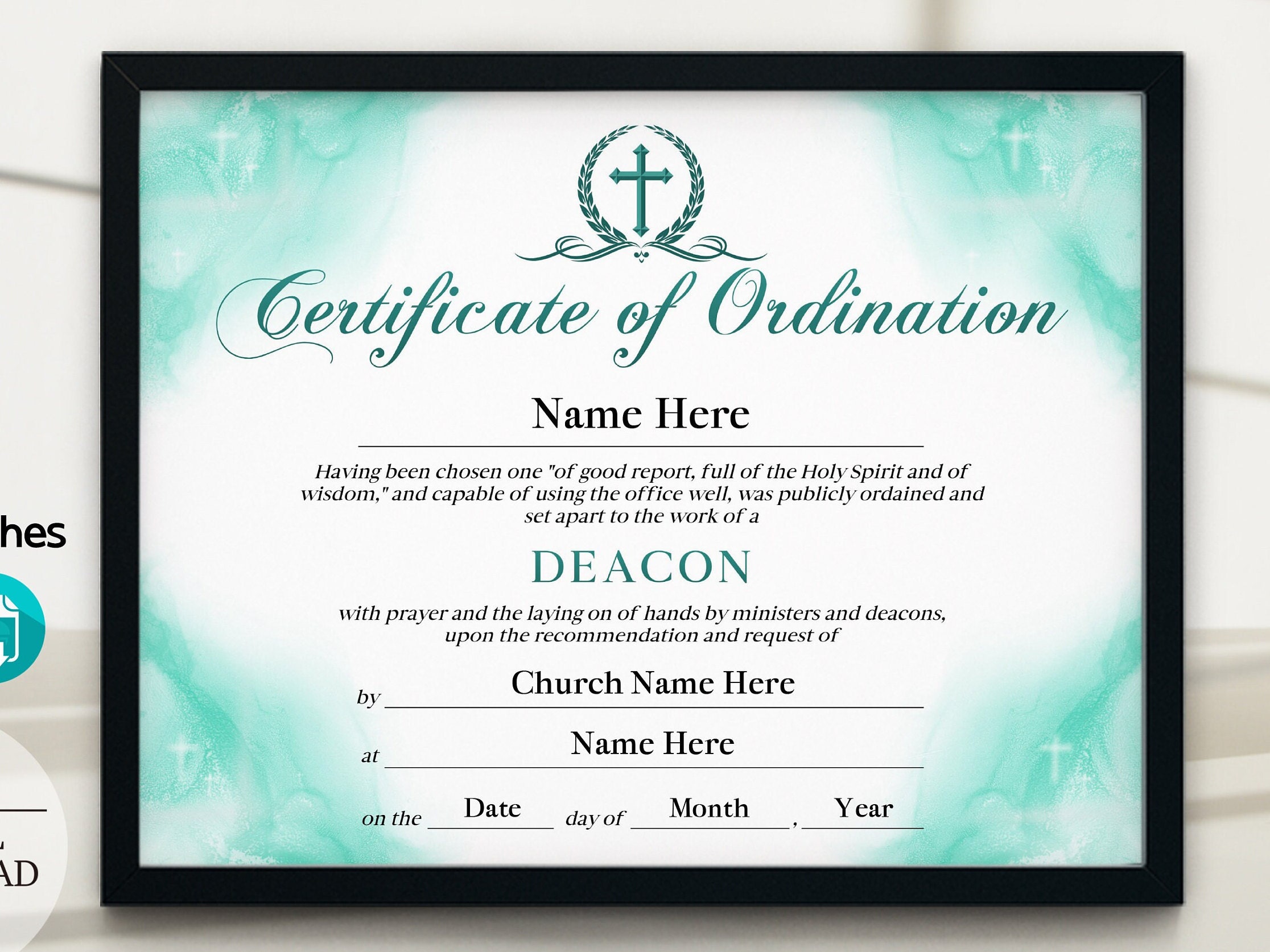 11x8.5 Deacon Ordination Certificate, Green Turquoise DIY Editable ...