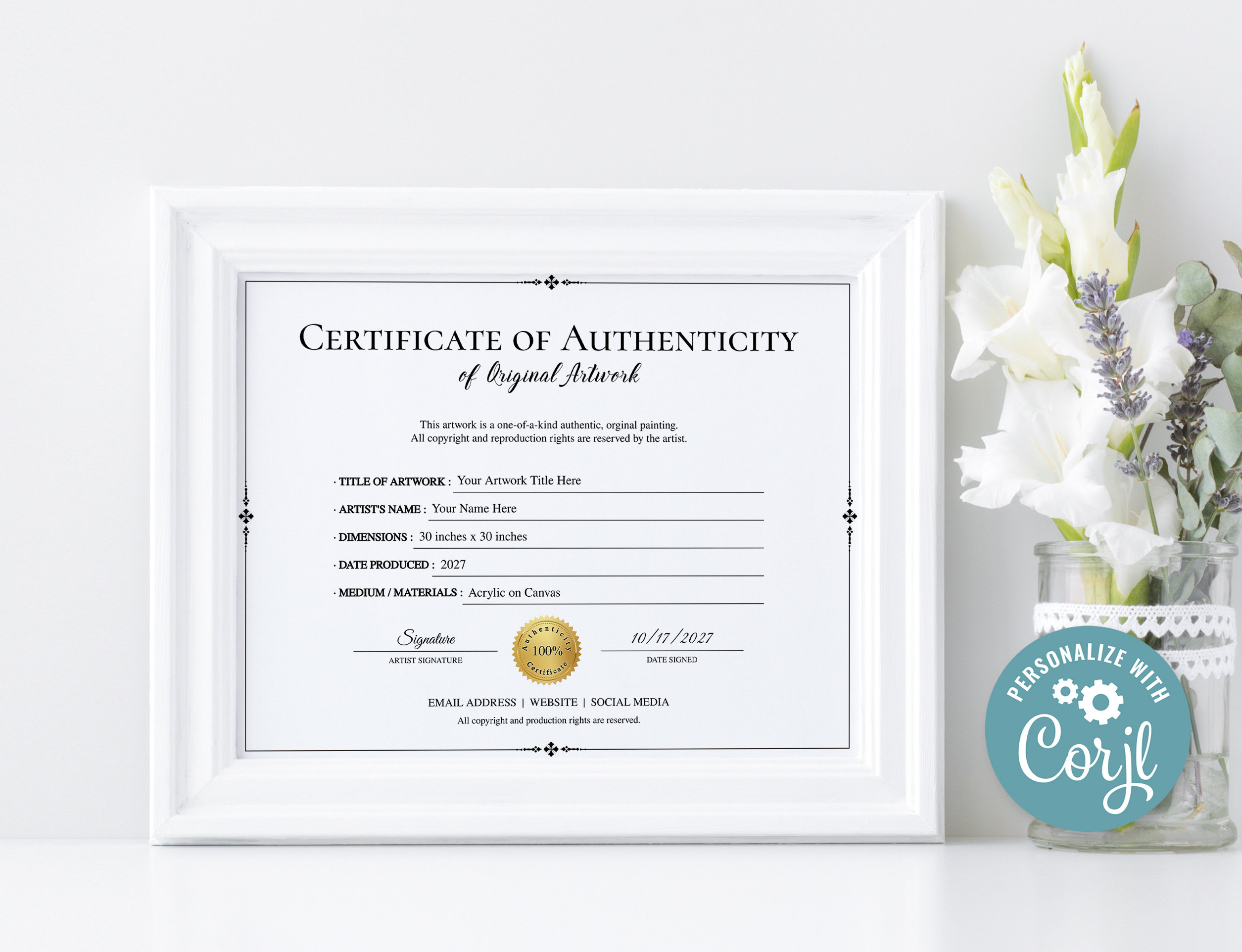 Certificate of Authenticity Template, Minimalist Artwork Certificate ...