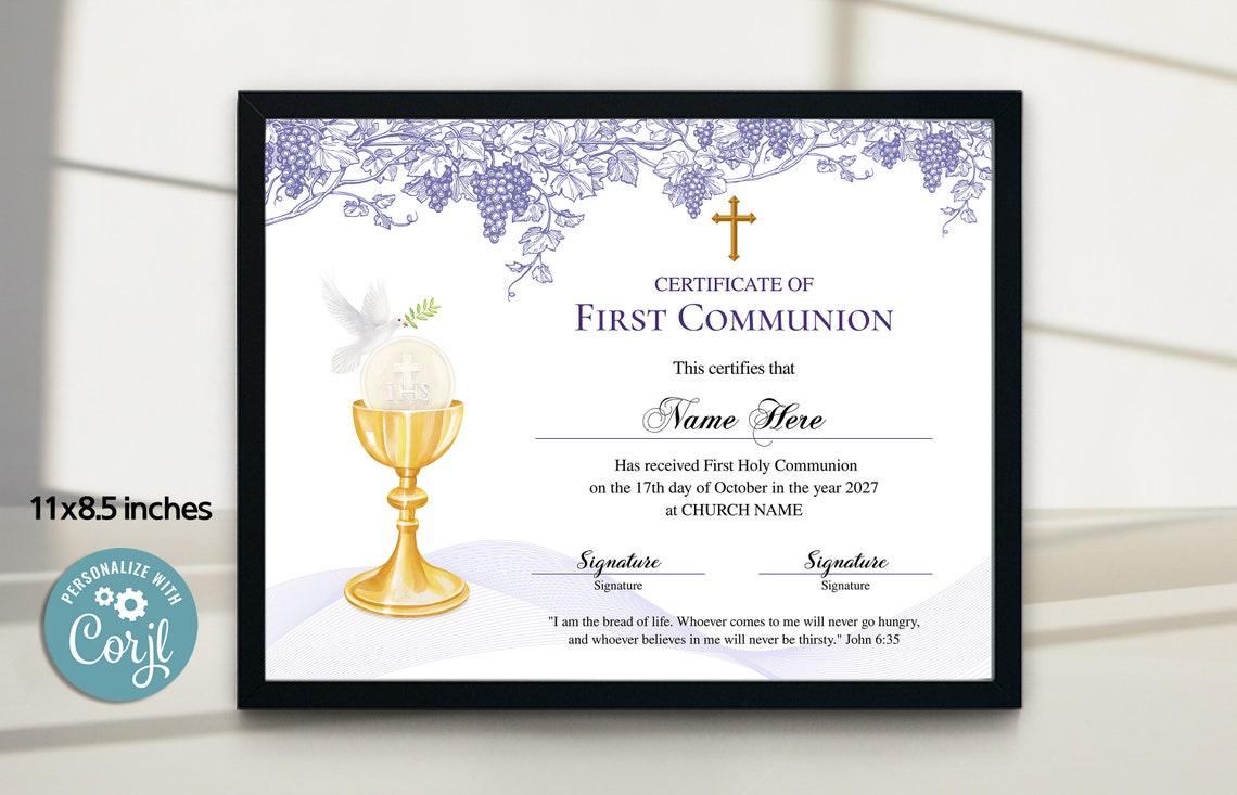 First Communion Certificate, 11x8.5 Printable First Communion ...