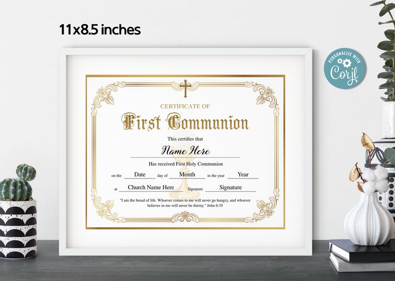 First Communion Certificate Template, 11x8.5 Printable First Communion ...
