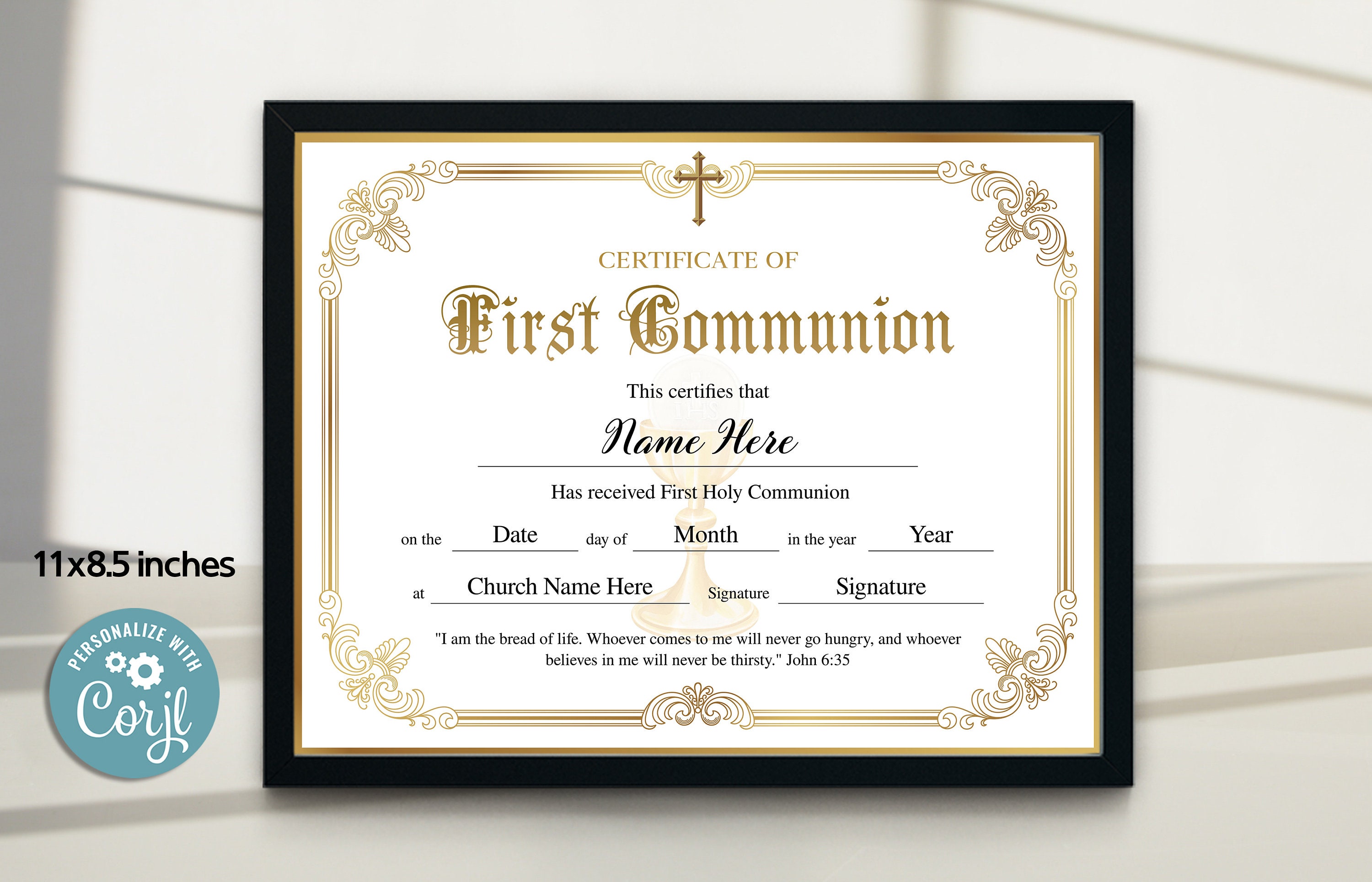 First Communion Certificate Template, 11x8.5 Printable First Communion ...