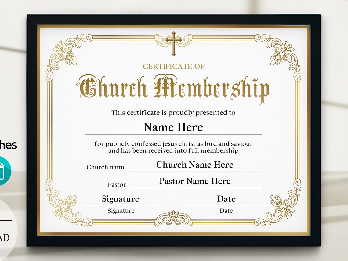 Church Membership Certificate, Printable 11x8.5 New Member Certificate ...