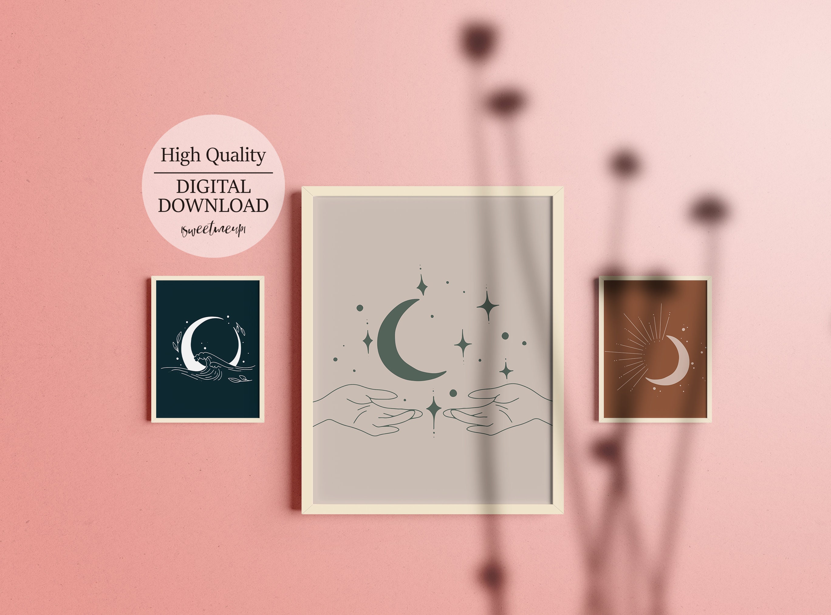 Boho Crescent Moon Art Print Printable Moon Wall Art Set of - Etsy
