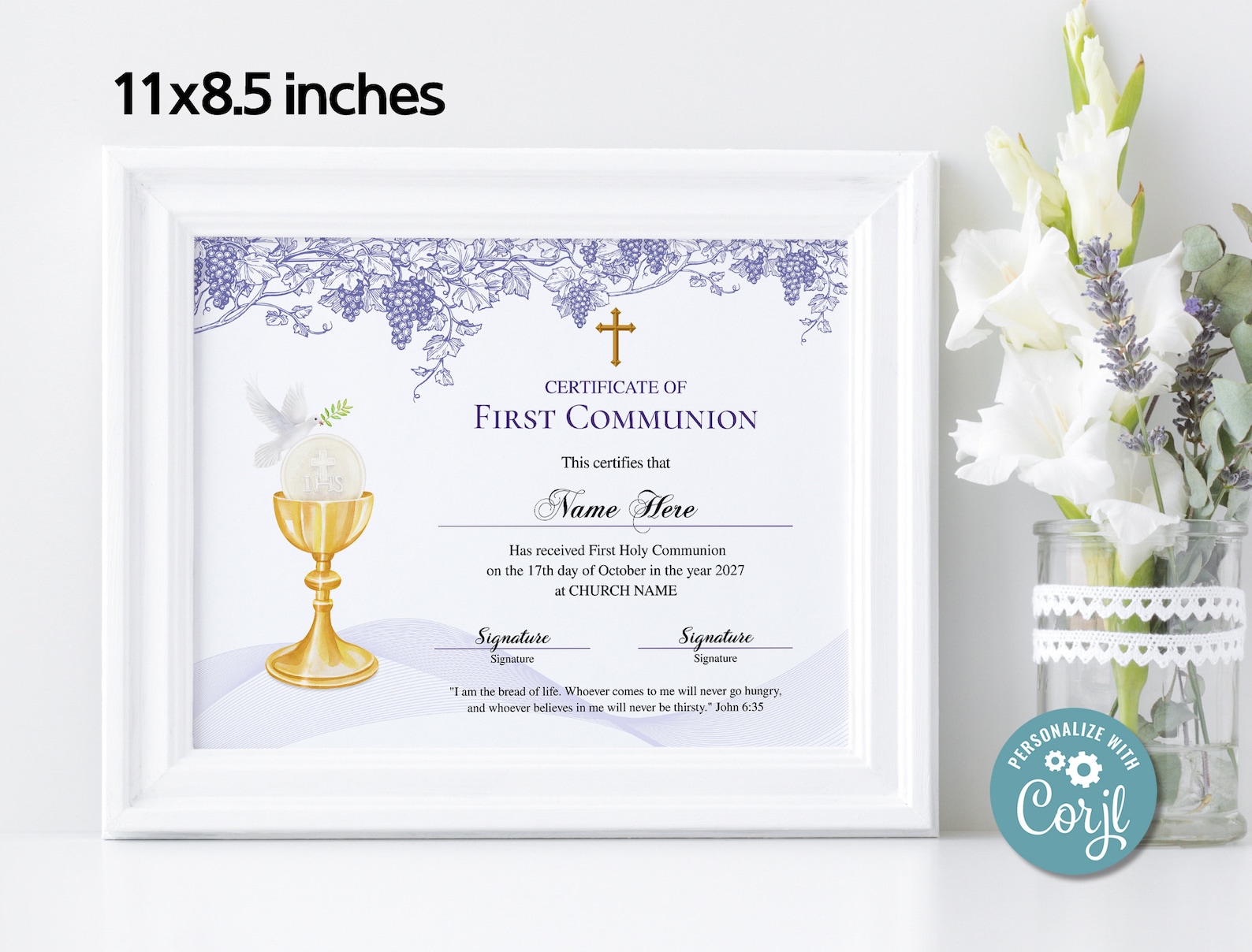 First Communion Certificate, 11x8.5 Printable First Communion ...