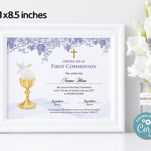 First Communion Certificate, 11x8.5 Printable First Communion ...