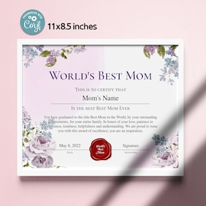 Best Mom Mother's Day Award Certificate Template, Personalized Gift for ...