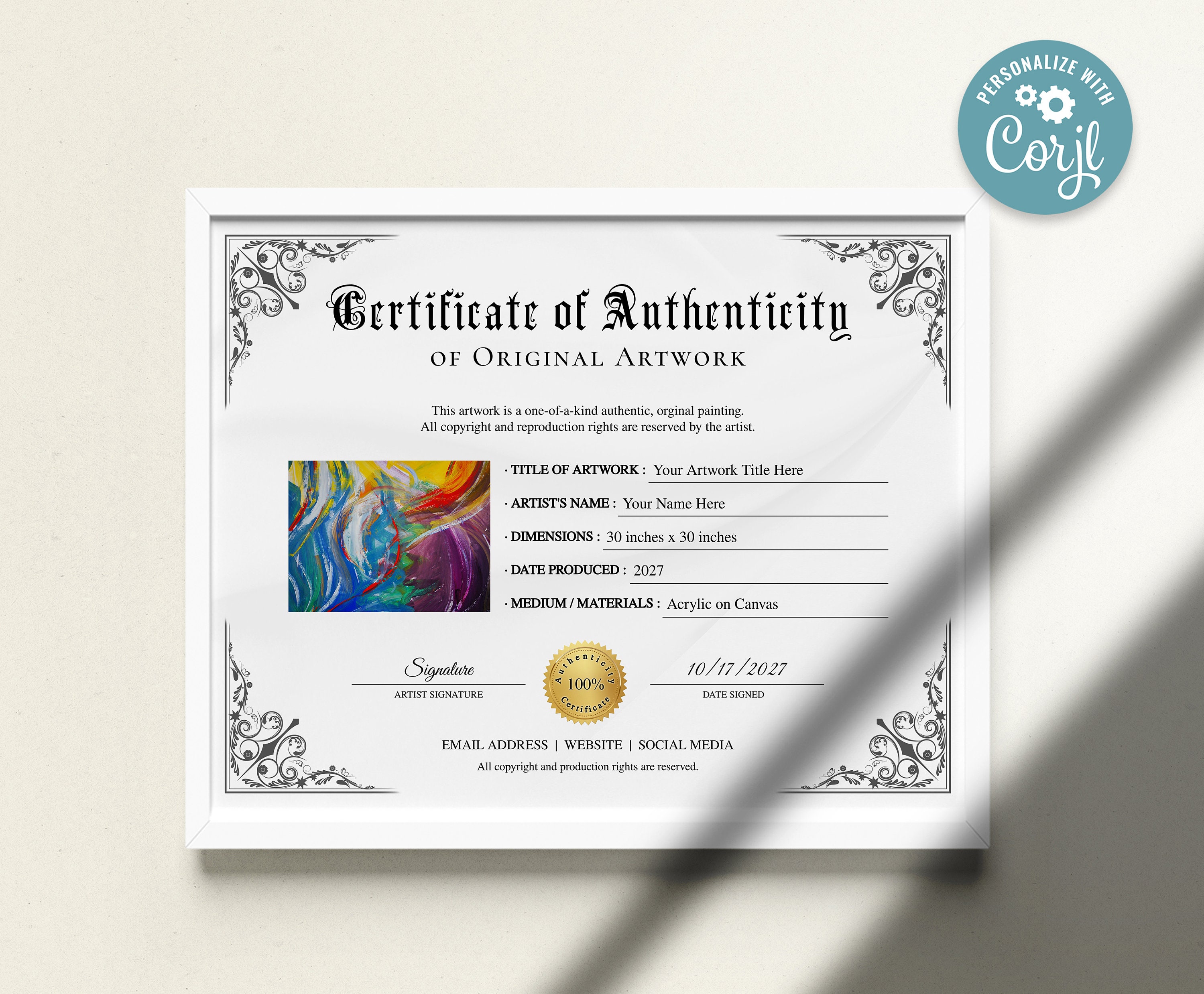 Certificate of Authenticity for Artwork, Editable Certificate of ...