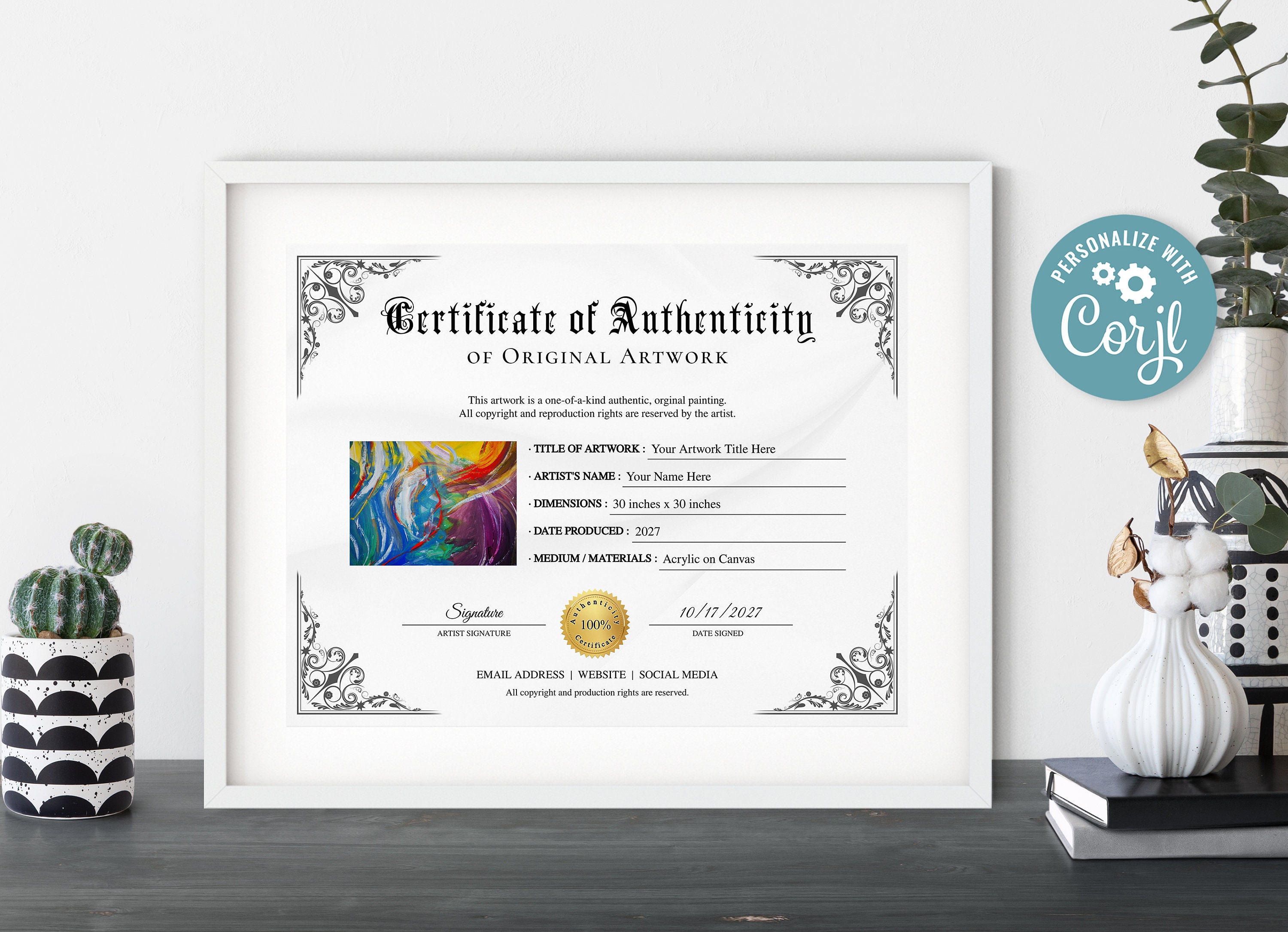 Certificate of Authenticity for Artwork, Editable Certificate of ...