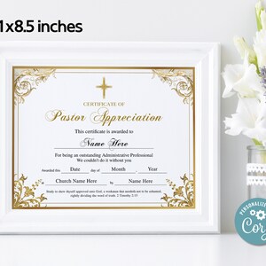 Certificate of Appreciation Template, Editable Printable Certificate, 11x8.5 Pastor Appreciation ...