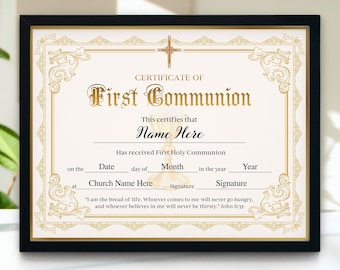 First Communion Certificate, 11x8.5 Printable First Communion ...