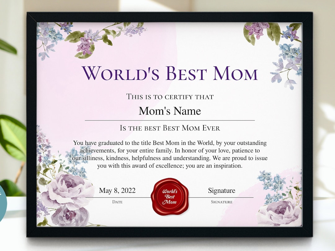 Best Mom Mother's Day Award Certificate Template, Personalized Gift for ...